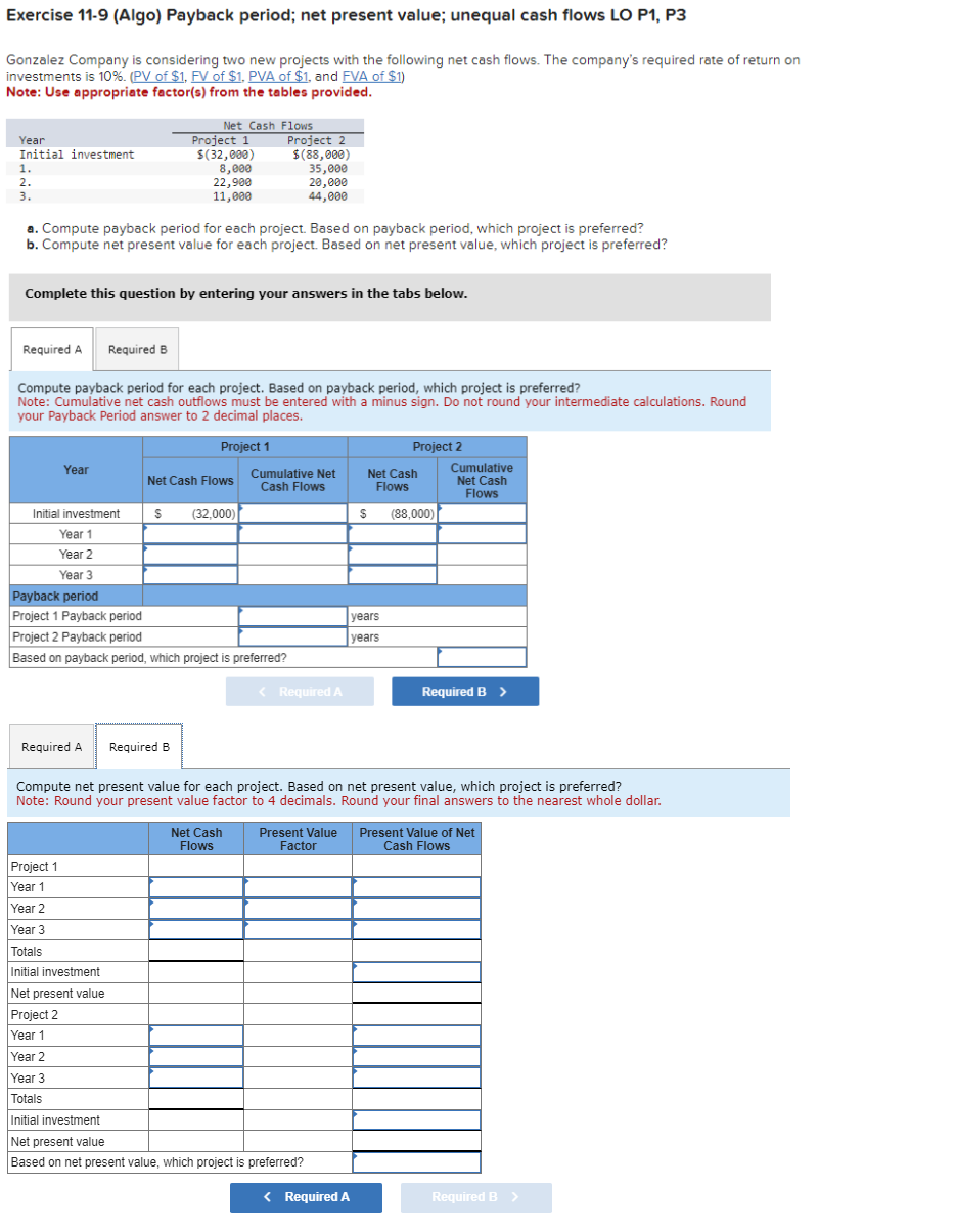 Solved Exercise 11-9 (Algo) ﻿Payback period; net present | Chegg.com