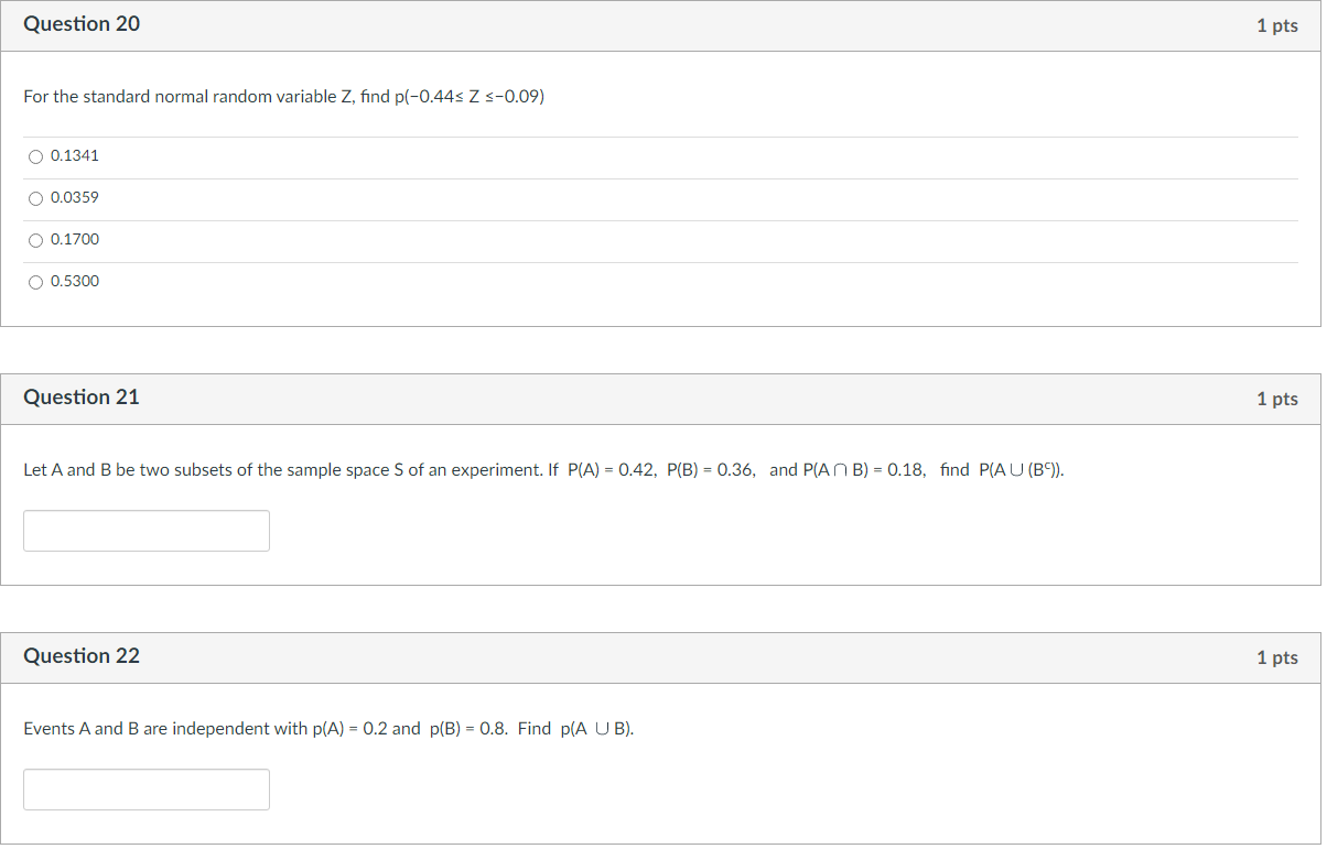 Solved Question 20 1 pts For the standard normal random | Chegg.com