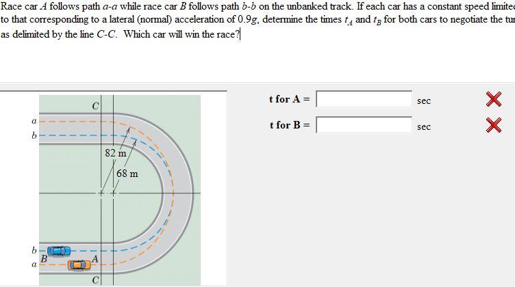 Solved Race car A follows path a-a while race car B follows | Chegg.com
