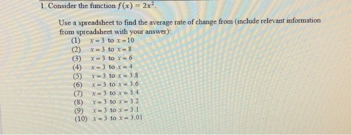 Solved 1. Consider the function f(x) 2x2 Use a spreadsheet | Chegg.com