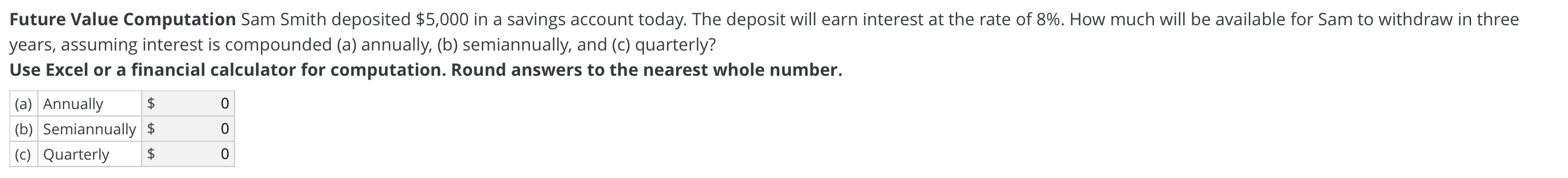 Solved Future Value Computation Sam Smith deposited $5,000 | Chegg.com