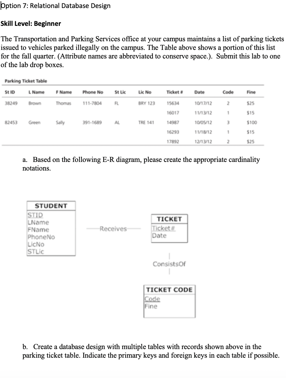 Solved bption 7: Relational Database Design Skill Level: | Chegg.com