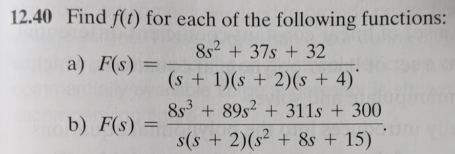 Solved 12.40 Find f(t) for each of the following functions: | Chegg.com