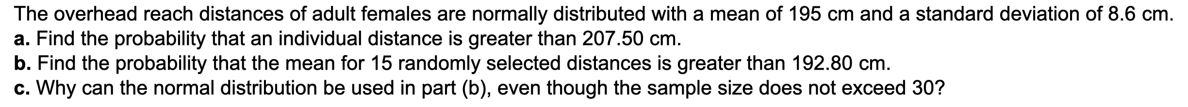 Solved The overhead reach distances of adult females are | Chegg.com