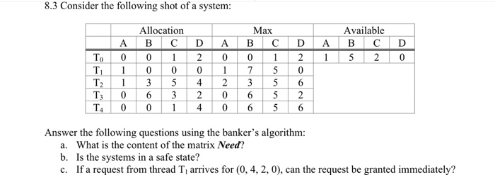 Solved 8.3 Consider the following shot of a system: Max A B | Chegg.com