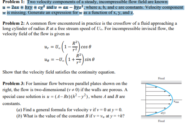Solved Problem 1: Two velocity components of a steady, | Chegg.com