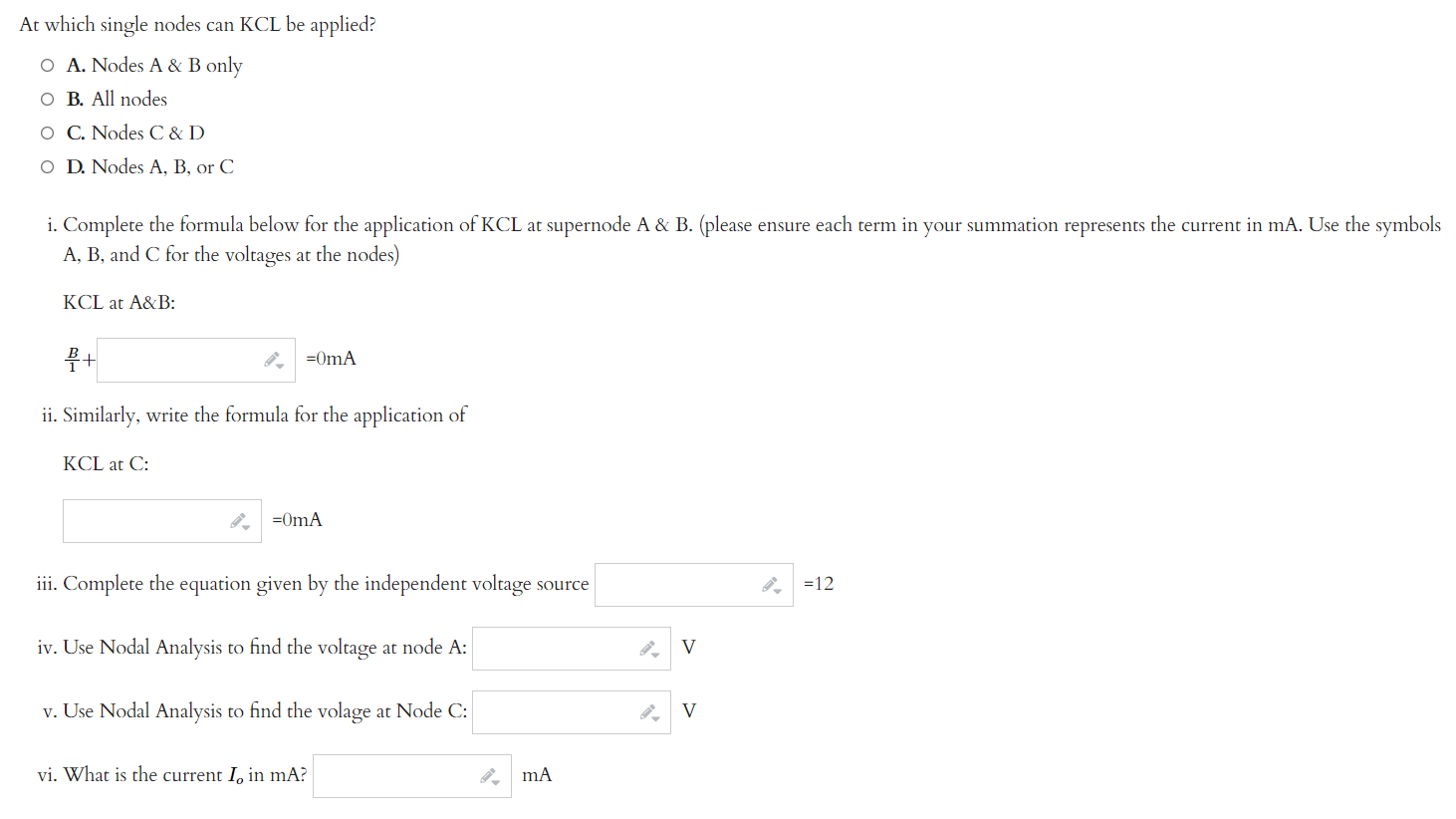 Solved At which single nodes can KCL be applied? A. Nodes A | Chegg.com
