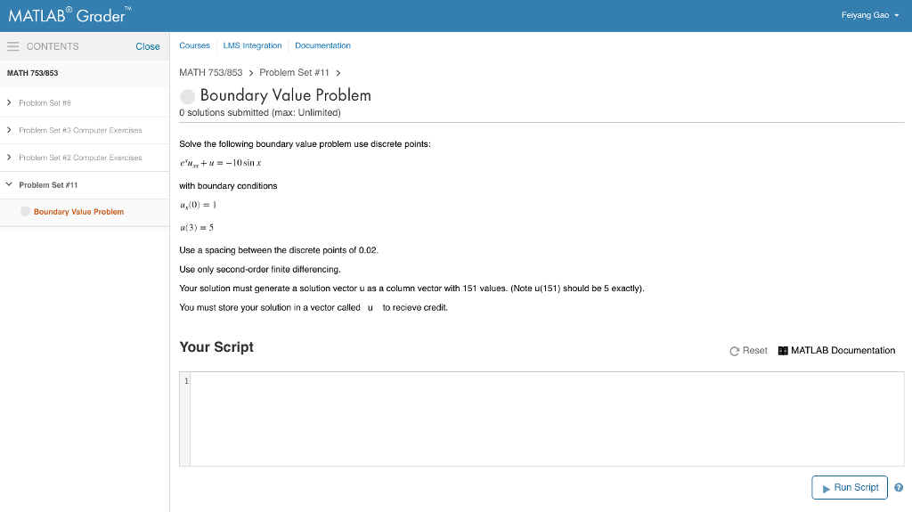Solved MATLAB® Grader Feiyang Gao CONTENTS Close ourses LMS | Chegg.com