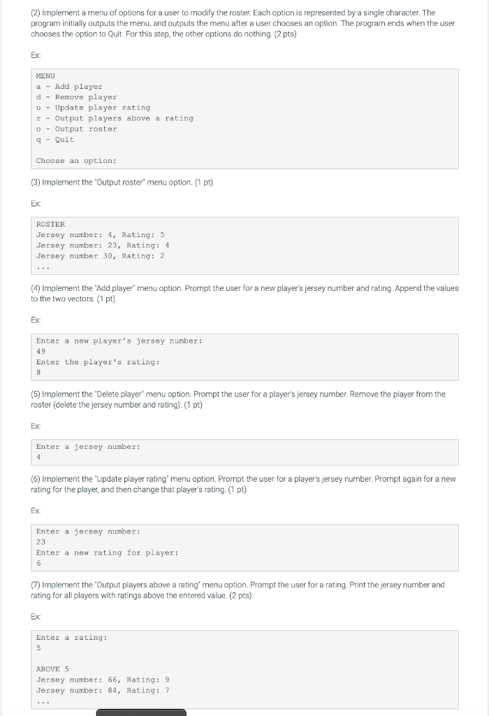 (2) Implement a menu of options for a user to modify | Chegg.com