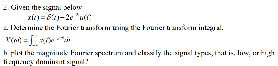 Solved 2. Given the signal below x(t)=δ(t)−2e−2tu(t) a. | Chegg.com