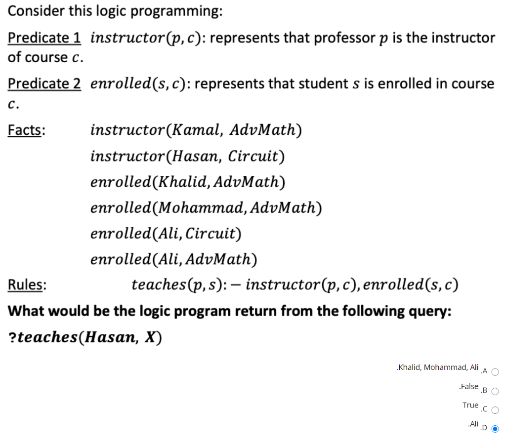 Solved Consider this logic programming: Predicate 1 | Chegg.com