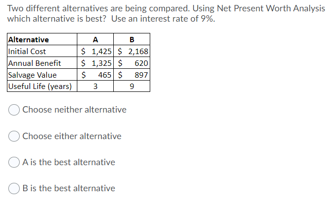 Solved Two different alternatives are being compared. Using | Chegg.com