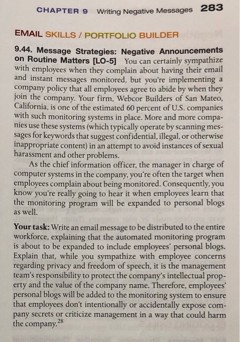 Solved CHAPTER 9 Writing Negative Messages 283 EMAIL SKILLS/ | Chegg.com