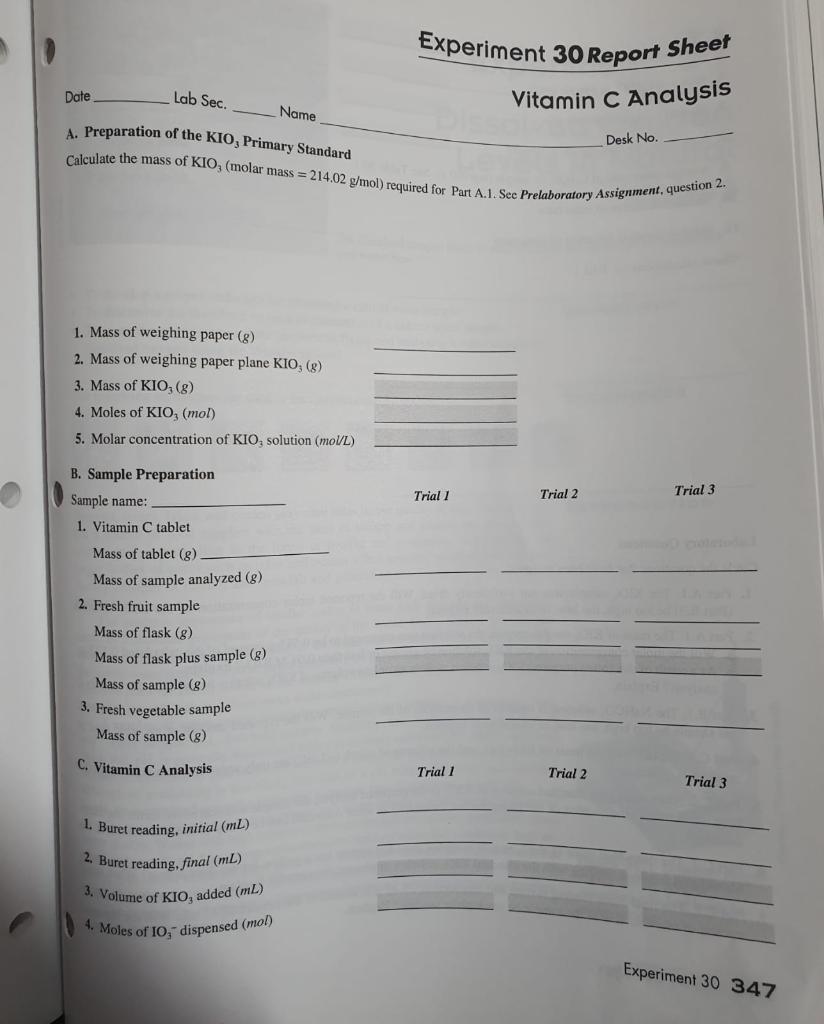 Experiment 30 Report Sheet Vitamin C Analysis Date | Chegg.com