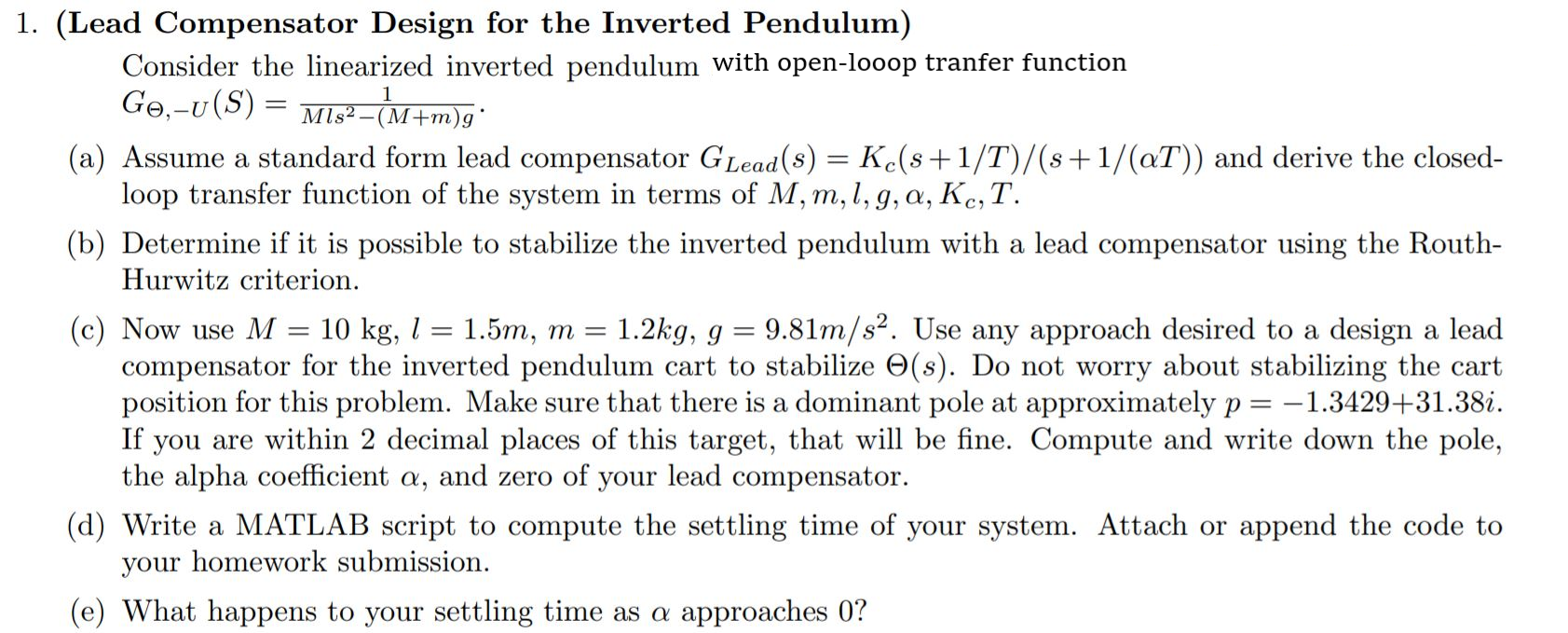 1 1. (Lead Compensator Design for the Inverted | Chegg.com