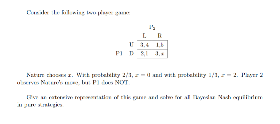 Solved Consider the following two-player game: P2 L R U 3,4 | Chegg.com