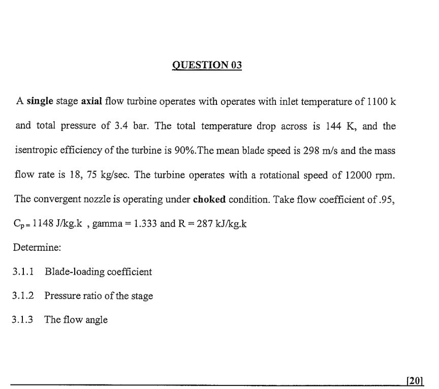 Solved QUESTION 03 A single stage axial flow turbine | Chegg.com