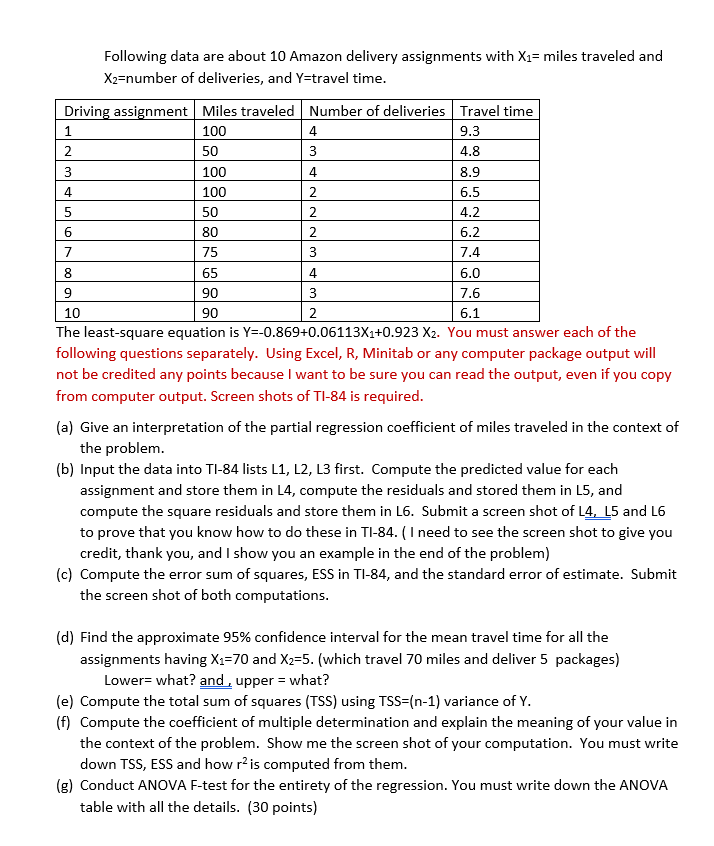 Solved Following data are about 10 Amazon delivery | Chegg.com