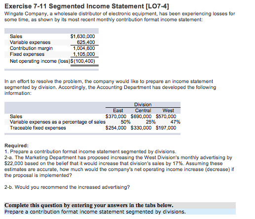 Solved Exercise 7-11 Segmented Income Statement [L07-4] | Chegg.com