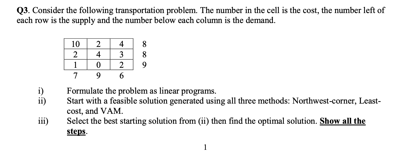 Solved Q3. Consider the following transportation problem. | Chegg.com