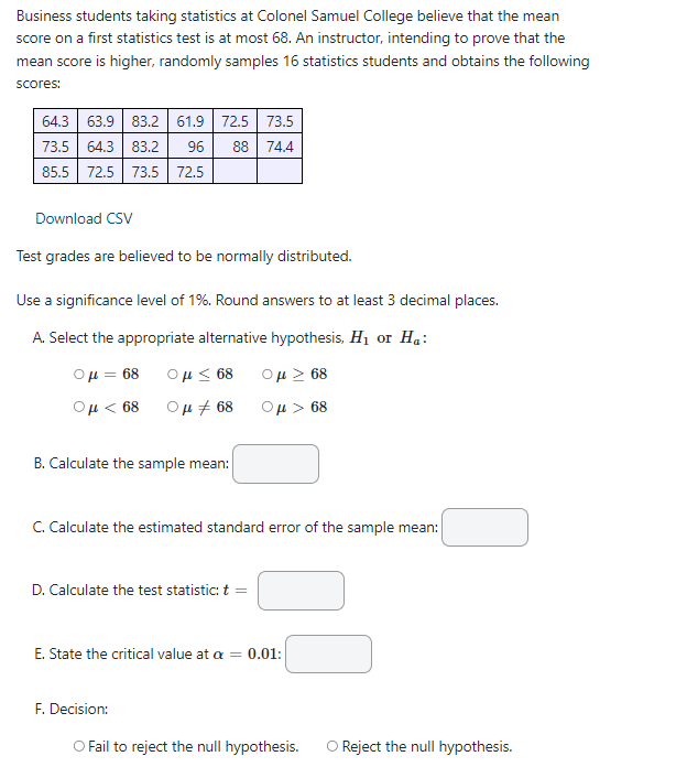 Solved Business students taking statistics at Colonel Samuel | Chegg.com
