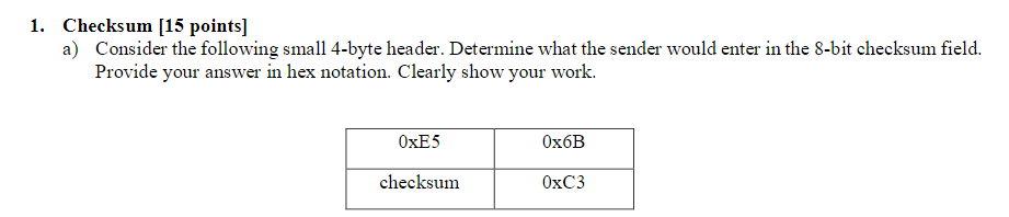 Solved 1. Checksum [15 points] a) Consider the following | Chegg.com