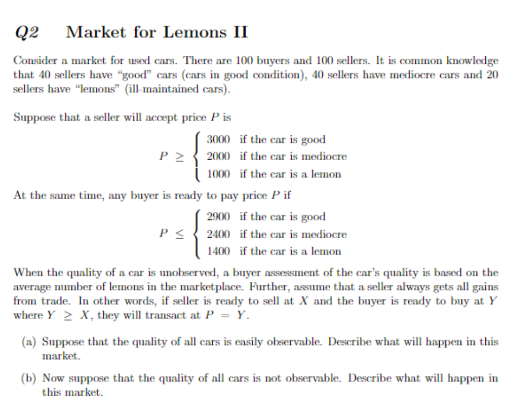 Solved Q2 Market for Lemons II Consider a market for used | Chegg.com
