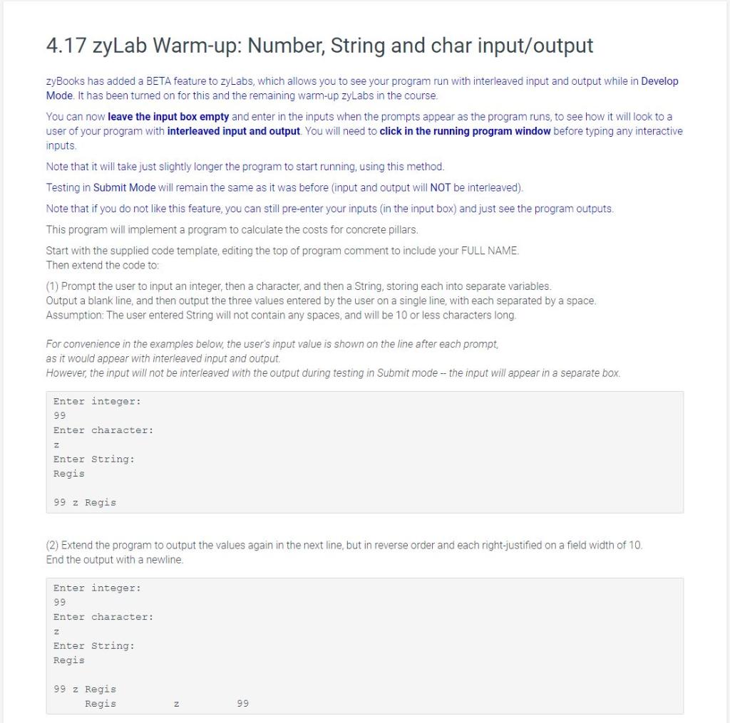 Solved 4.17 zyLab Warm-up: Number, String and char | Chegg.com