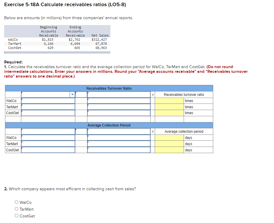 Solved Exercise 5-18A Calculate receivables ratios (LO5-8) | Chegg.com