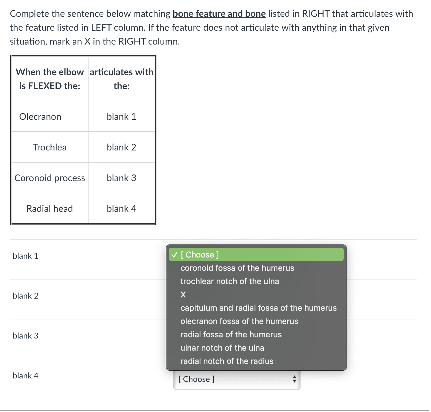 Complete the sentence below matching bone feature and | Chegg.com