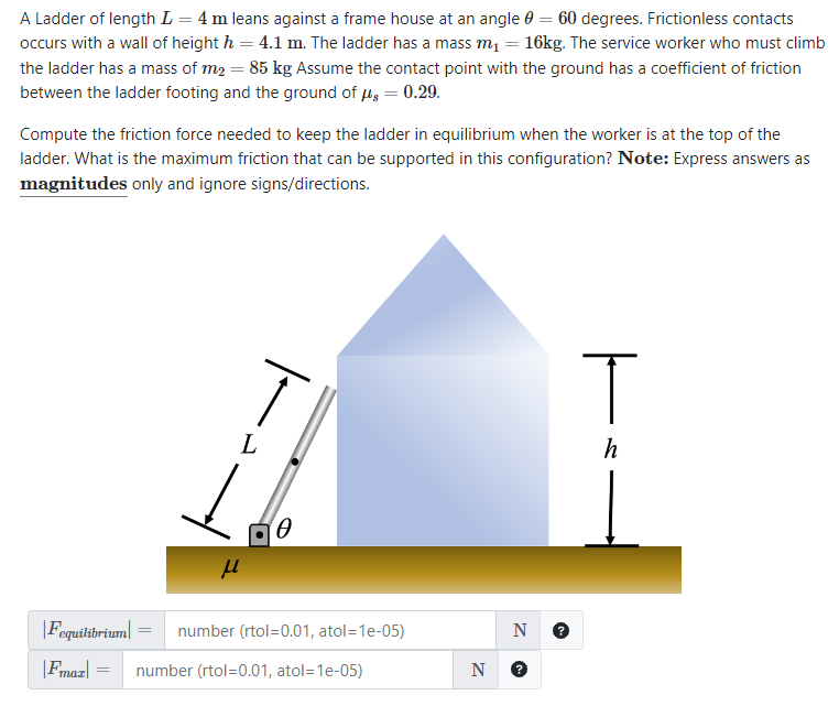 Solved A Ladder of length L=4 m leans against a frame house | Chegg.com