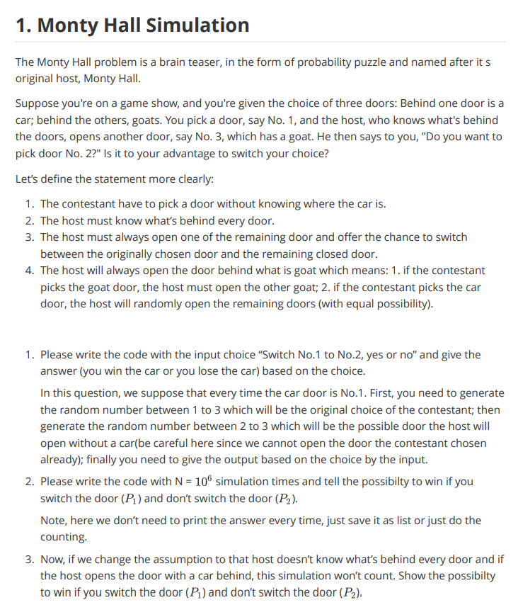Solved 1. Monty Hall Simulation The Monty Hall problem is a | Chegg.com