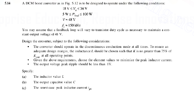 Solved A DCM boost converter as in Fig. 5.12 is to be | Chegg.com