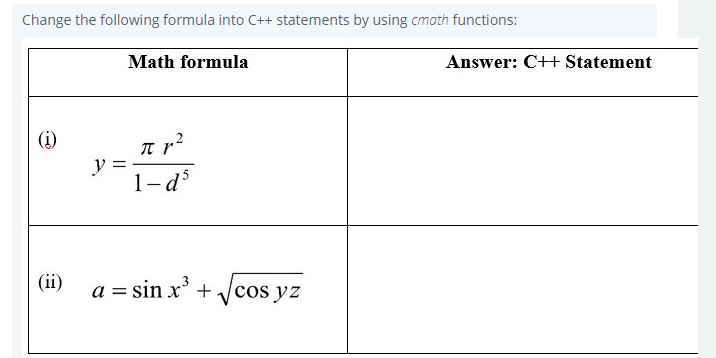 Solved Change the following formula into C++ statements by | Chegg.com