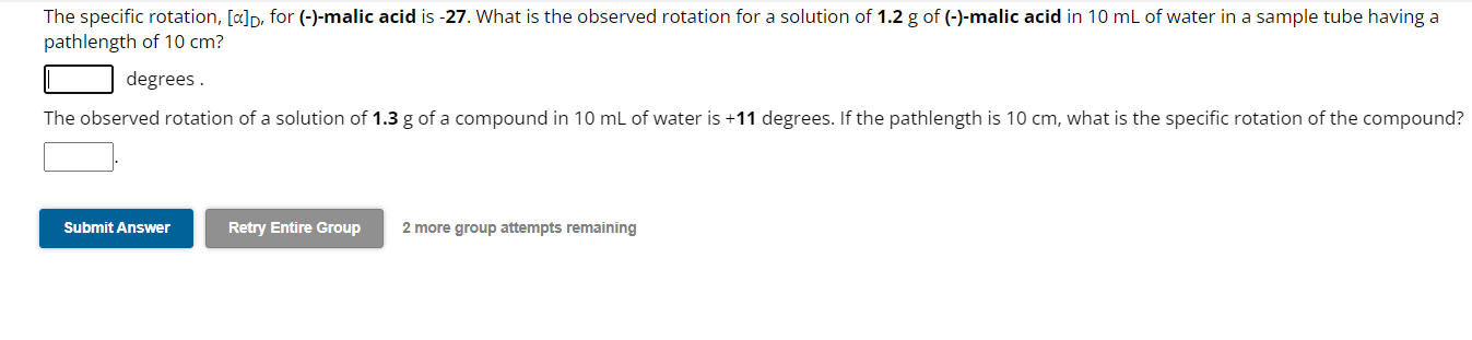 Solved The specific rotation, [α]D, for (−)-malic acid is | Chegg.com