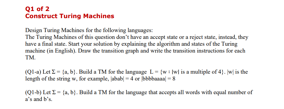 Solved Q1 of 2 Construct Turing Machines Design Turing | Chegg.com