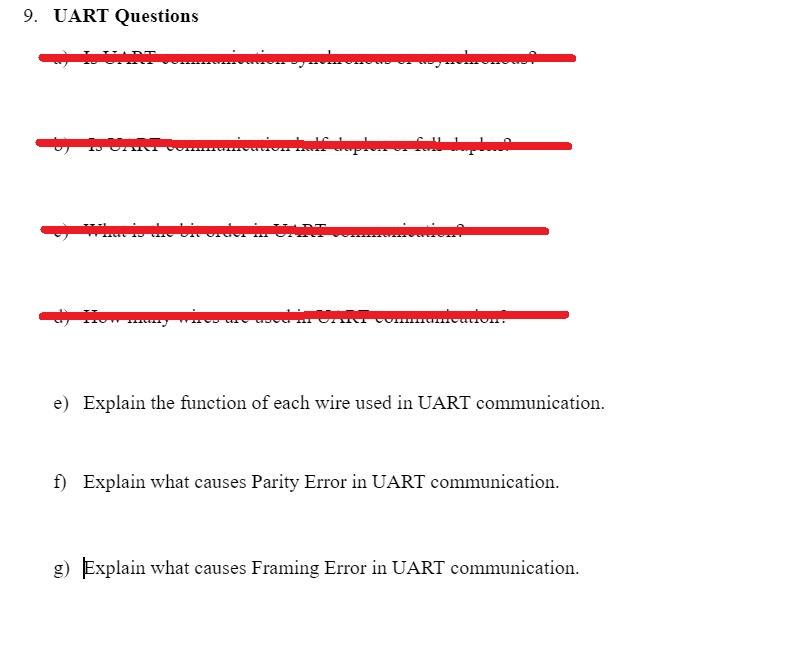 Solved 9. UART Questions AD 16 ICE 1 TITLE ETUI e) Explain | Chegg.com