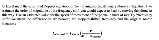 Solved In Excel input the simplified Doppler equation for | Chegg.com