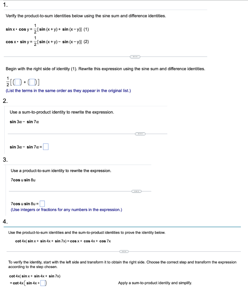 Solved Verify the product-to-sum identities below using the | Chegg.com