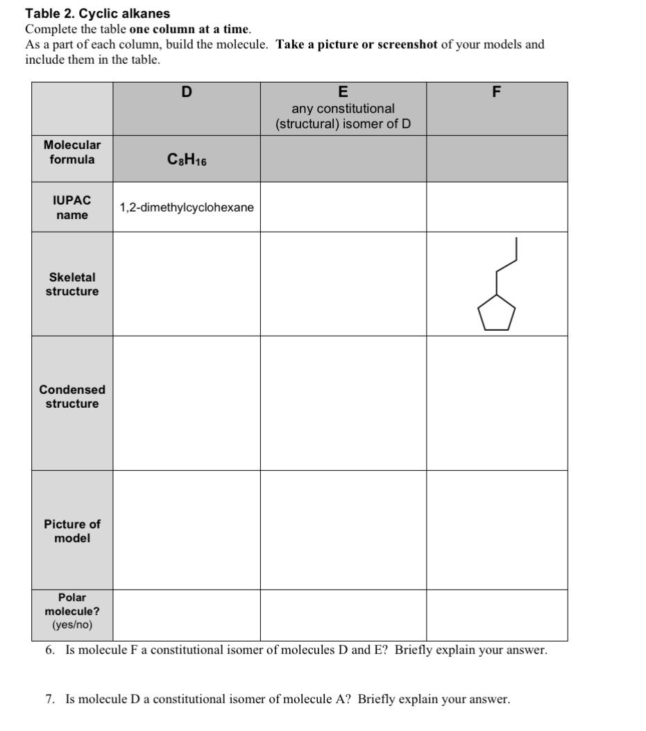 Solved Table 2. Cyclic alkanes Complete the table one column | Chegg.com
