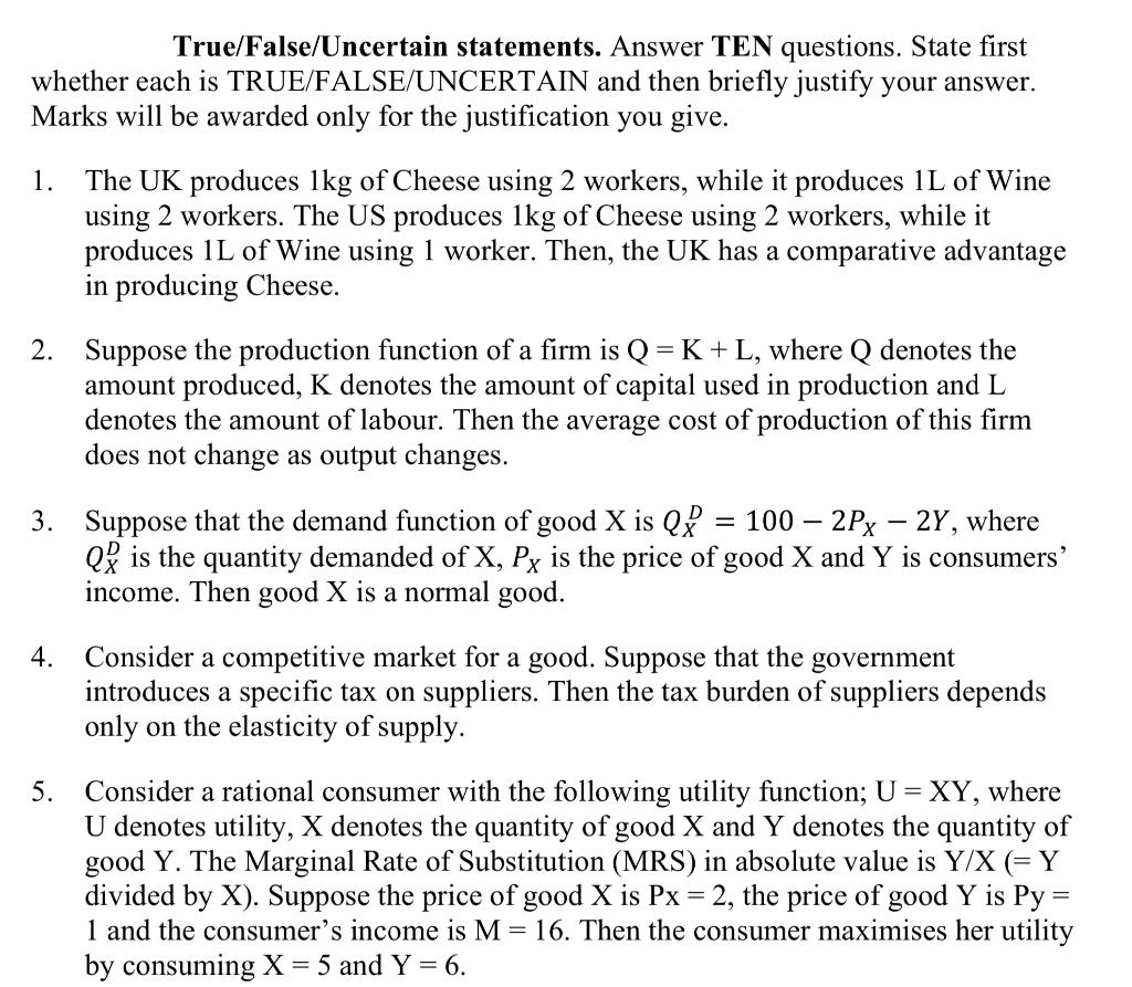 Solved True/False/Uncertain statements. Answer TEN | Chegg.com