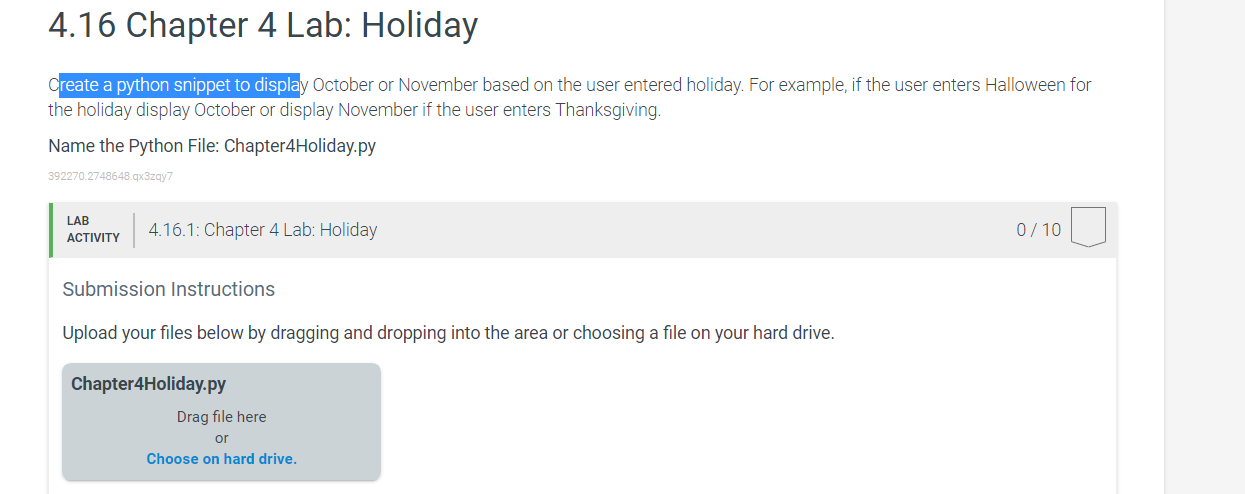 Solved 4. 16 Chapter 4 Lab: Holiday 'October or November | Chegg.com