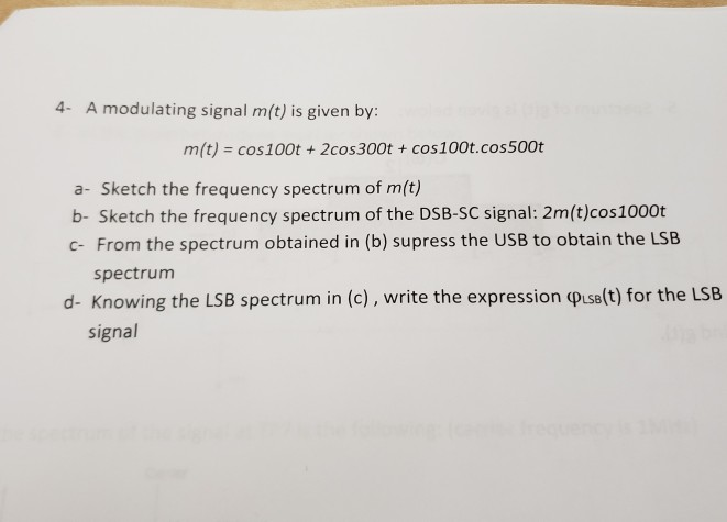 Solved 4- A modulating signal m(t) is given by: m(t)cos100t | Chegg.com