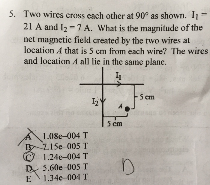 Solved 5. Two wires cross each other at 90° as shown. I 21 A | Chegg.com