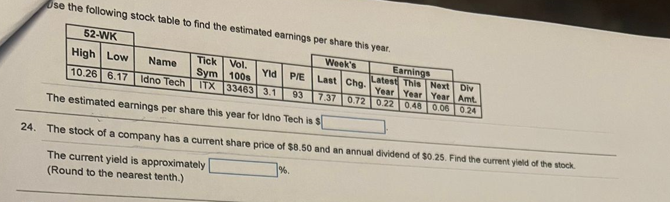 Solved Use the following stock table to find the estimatar | Chegg.com