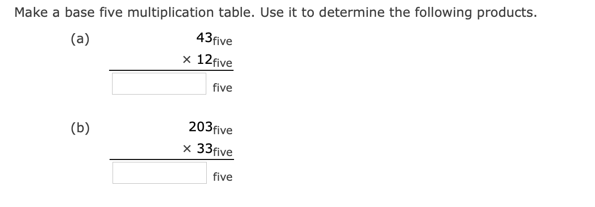 Solved Make a base five multiplication table. Use it to | Chegg.com