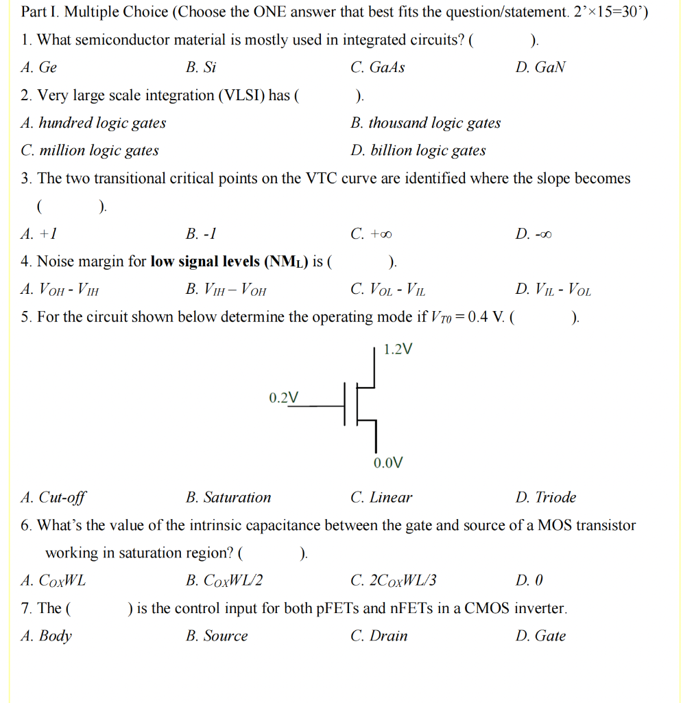 Solved Part I. Multiple Choice (Choose the ONE answer that | Chegg.com