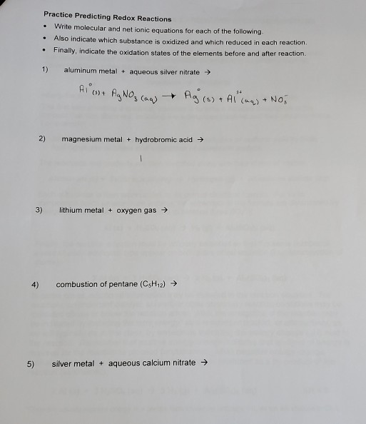 Solved Practice Predicting Redox Reactions • Write molecular | Chegg.com