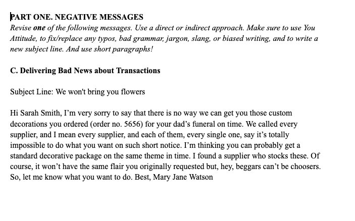 Solved PART ONE. NEGATIVE MESSAGES Revise one of the | Chegg.com