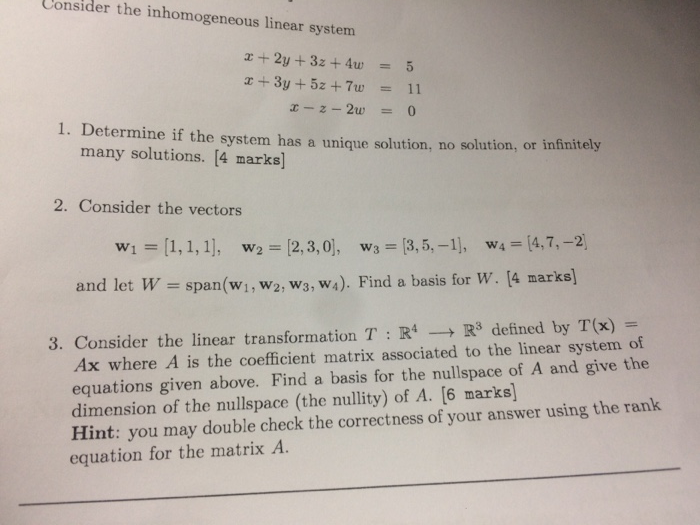 Solved Consider the inhomogeneous linear system r +2y +3z | Chegg.com